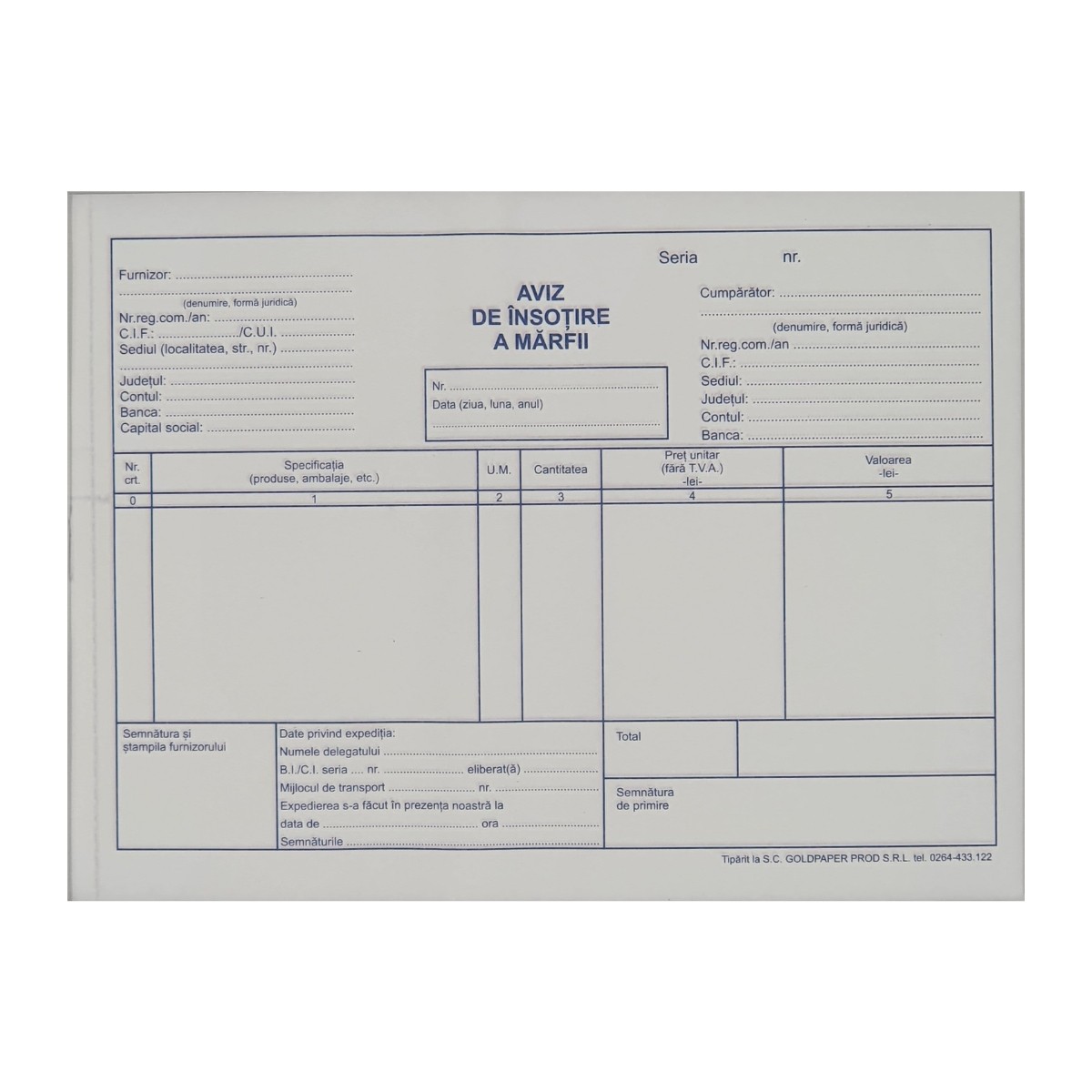Aviz de insotire a marfii A5, 150 file, autocopiativ, 3 exemplare